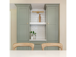 Cabinets: Evergreen Fog on Maple. Flush Inset using New Haven Door